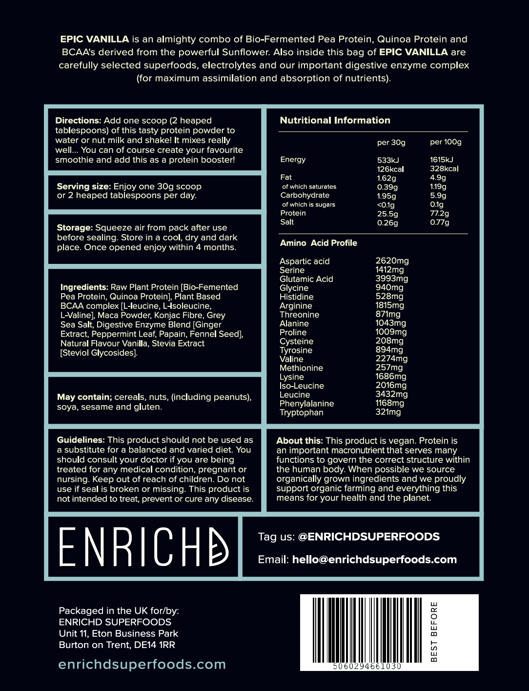 Vegan Protein Powder | Vanilla Flavour | 5* Rated | ENRICHD