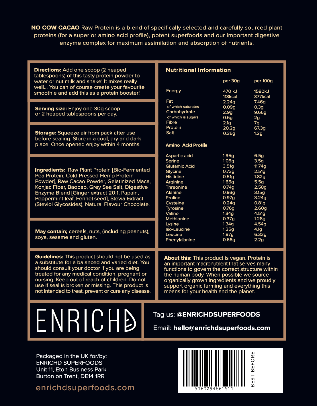 Vegan Protein Powder | Cacao Flavour | 5* Rated | ENRICHD